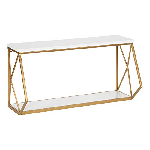 Kate and Laurel Brost Glam Wall Shelf, 22 x 8 x 10.25, White and Gold, Modern Geometric Floating Shelves for Wall