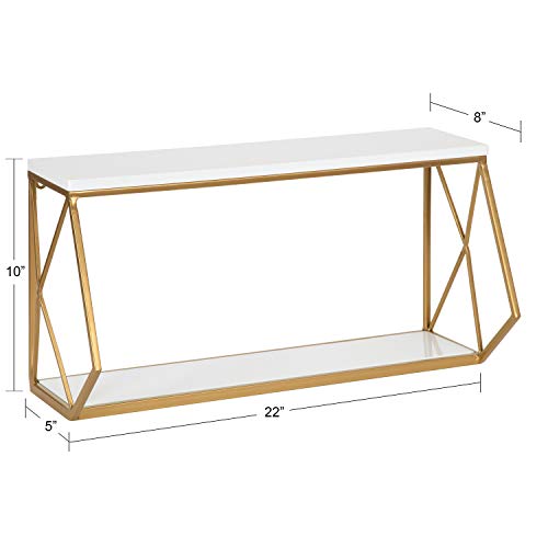 Kate and Laurel Brost Glam Wall Shelf, 22 x 8 x 10.25, White and Gold, Modern Geometric Floating Shelves for Wall