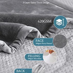 Lynnlov Large 3 Layers Flannel Fleece Throw Blanket Twin Size 60" x 80", Decorative Soft Thick Microfiber Plush Blanket, Luxury Comfy Cozy Velvet Winter Warm Blankets,Washable & Breathable,Grey