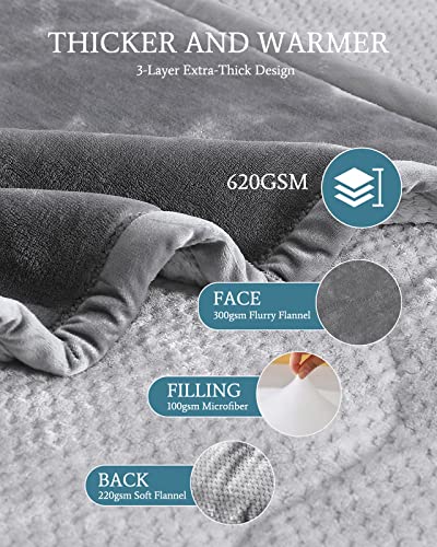 Lynnlov Large 3 Layers Flannel Fleece Throw Blanket Twin Size 60" x 80", Decorative Soft Thick Microfiber Plush Blanket, Luxury Comfy Cozy Velvet Winter Warm Blankets,Washable & Breathable,Grey