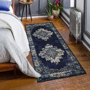 lanffia navy blue boho runner rug 2×5 medallion distressed bedroom rug runner washable non-slip plastic point backed vintage non-shedding floor carpet for entryway laundry room barhroom