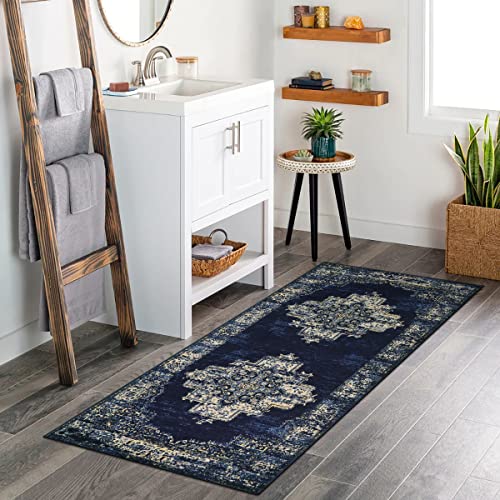 Lanffia Navy Blue Boho Runner Rug 2x5 Medallion Distressed Bedroom Rug Runner Washable Non-Slip Plastic Point Backed Vintage Non-Shedding Floor Carpet for Entryway Laundry Room Barhroom