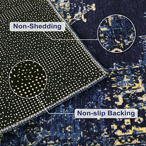 Lanffia Navy Blue Boho Runner Rug 2x5 Medallion Distressed Bedroom Rug Runner Washable Non-Slip Plastic Point Backed Vintage Non-Shedding Floor Carpet for Entryway Laundry Room Barhroom