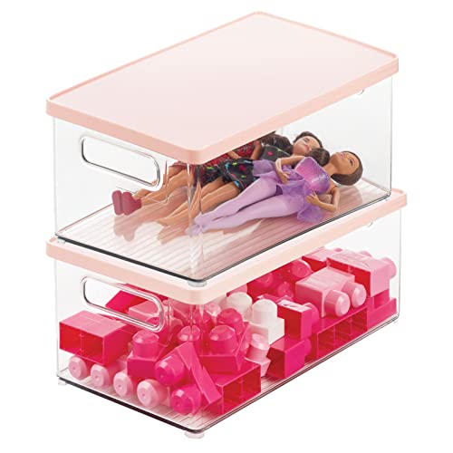 mDesign Plastic Storage Bin Box Container, Lid - Built-In Handles - Organization for Toys, Games, or Accessories in Play or Game Room, Cabinet, Shelves, or Cubby, Ligne Collection, 2 Pack, Clear/Pink