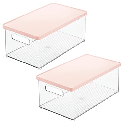 mDesign Plastic Storage Bin Box Container, Lid - Built-In Handles - Organization for Toys, Games, or Accessories in Play or Game Room, Cabinet, Shelves, or Cubby, Ligne Collection, 2 Pack, Clear/Pink