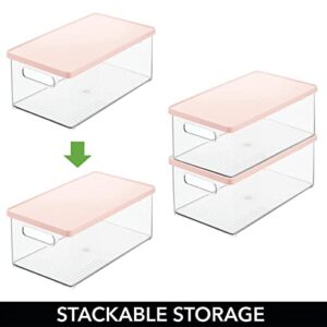 mDesign Plastic Storage Bin Box Container, Lid - Built-In Handles - Organization for Toys, Games, or Accessories in Play or Game Room, Cabinet, Shelves, or Cubby, Ligne Collection, 2 Pack, Clear/Pink