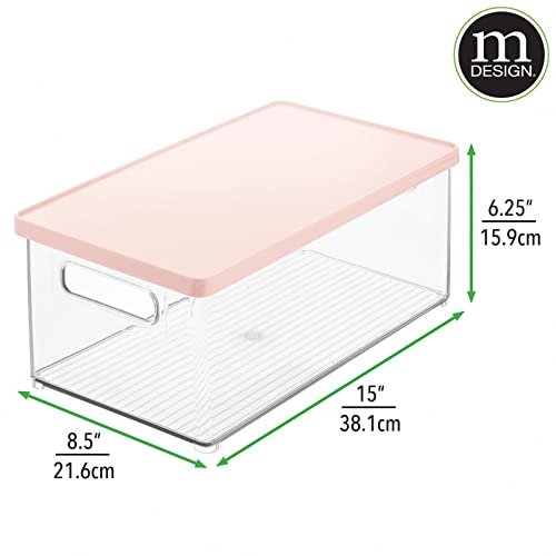 mDesign Plastic Storage Bin Box Container, Lid - Built-In Handles - Organization for Toys, Games, or Accessories in Play or Game Room, Cabinet, Shelves, or Cubby, Ligne Collection, 2 Pack, Clear/Pink