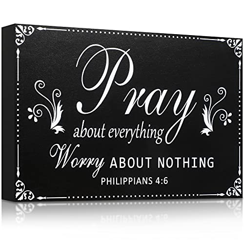 Yulejo Pray About Everything Worry About Nothing Sign Religious Scripture Inspirational Word Plaque Black Bible Verses Plaque Wall Decor Wooden Table Centerpieces Christmas Decorations, 7.95.1 Inch