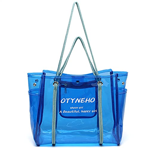 Women Clear Tote Handbag, Large Capacity Shoulder Bag Transparent Waterproof Purse Travel Open Tote Bag for Pool Gym, Blue