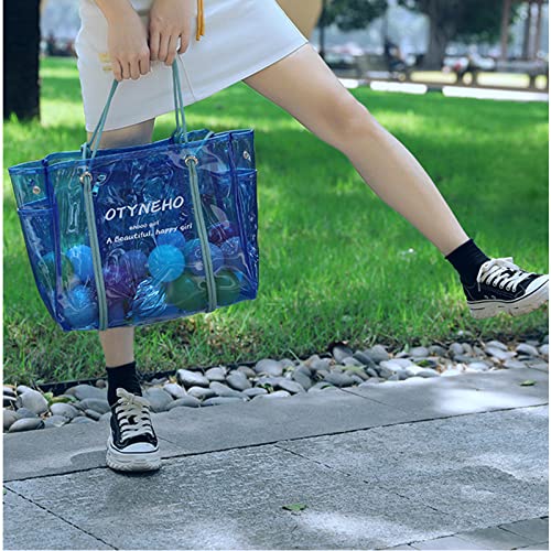 Women Clear Tote Handbag, Large Capacity Shoulder Bag Transparent Waterproof Purse Travel Open Tote Bag for Pool Gym, Blue