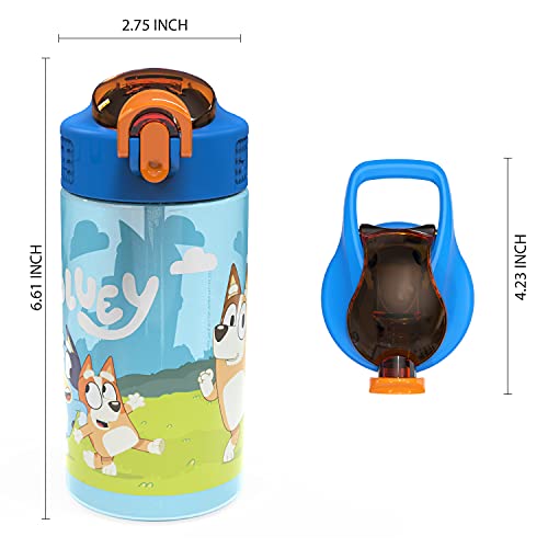 Zak Designs Bluey Kids Durable Plastic Spout Cover and Built-in Carrying Loop, Leak-Proof Water Design for Travel, (16oz, 2pc Set), Bluey Bottle 2pk