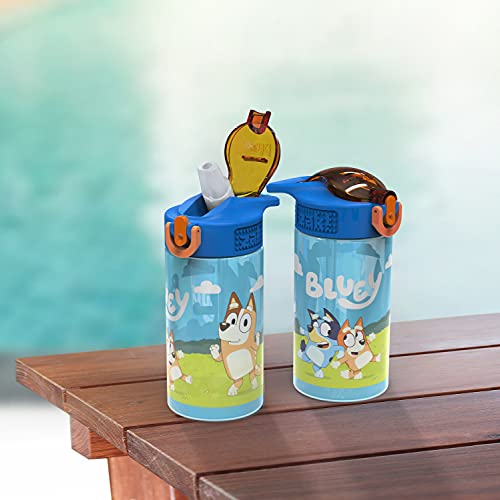 Zak Designs Bluey Kids Durable Plastic Spout Cover and Built-in Carrying Loop, Leak-Proof Water Design for Travel, (16oz, 2pc Set), Bluey Bottle 2pk