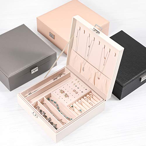 Allinside Capacious Jewelry Box Organizer for Girls Women Ladies, 2 Layers PU Leather Jewelry Storage Case with Lock, Birthday, Velvet Lining, White