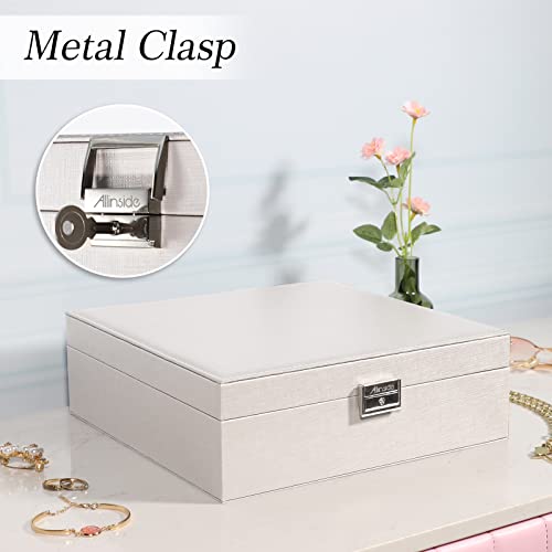 Allinside Capacious Jewelry Box Organizer for Girls Women Ladies, 2 Layers PU Leather Jewelry Storage Case with Lock, Birthday, Velvet Lining, White