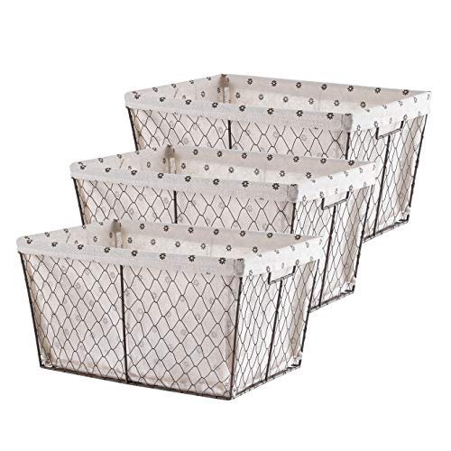 Motifeur Metal Farmhouse Storage Baskets With Removable Liner (Set of 3, White with Floral Pattern) (Small-3 Pack)