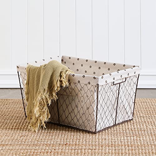 Motifeur Metal Farmhouse Storage Baskets With Removable Liner (Set of 3, White with Floral Pattern) (Small-3 Pack)