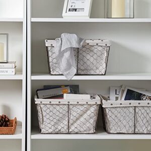 Motifeur Metal Farmhouse Storage Baskets With Removable Liner (Set of 3, White with Floral Pattern) (Small-3 Pack)