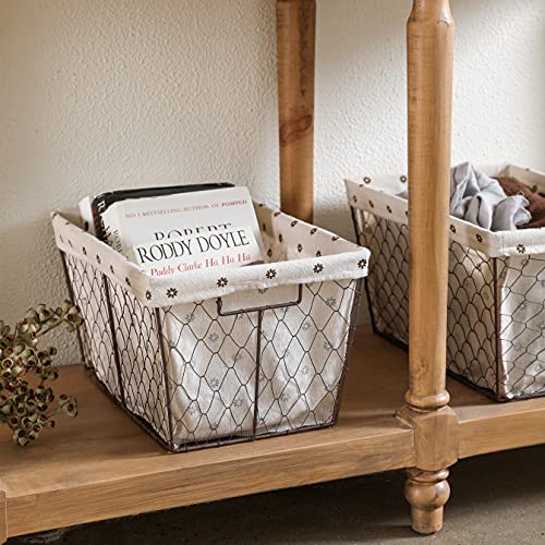 Motifeur Metal Farmhouse Storage Baskets With Removable Liner (Set of 3, White with Floral Pattern) (Small-3 Pack)