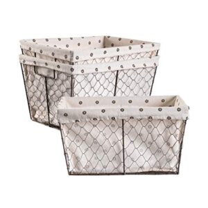 Motifeur Metal Farmhouse Storage Baskets With Removable Liner (Set of 3, White with Floral Pattern) (Small-3 Pack)