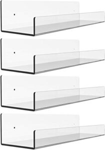 cq acrylic 4 pack clear acrylic floating wall ledge shelf,15″ invisible wall mounted nursery kids floating bookshelf for kids room,u modern picture ledge display toy storage wall shelf,clear