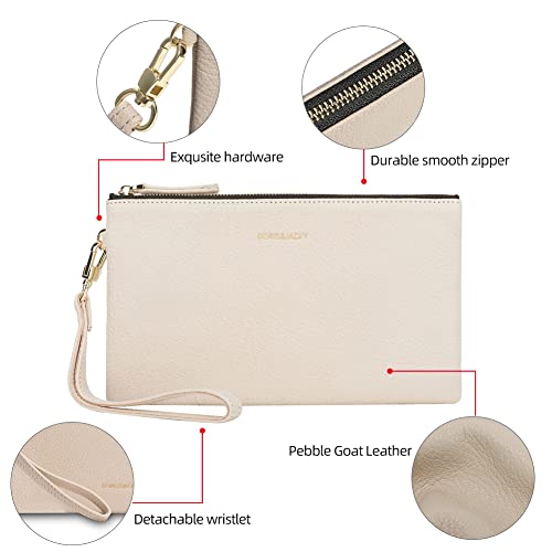 DORIS&JACKY Goatskin Leather Wristlet Clutch Wallet Cute Small Pouch Bag With Strap (3-Off white)