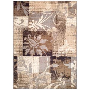 SUPERIOR Pastiche Floral Patchwork Non-Slip Indoor Washable Area Rug, 10' x 14', Brown