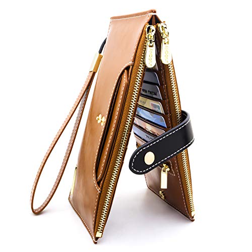 ANDOILT Wallets for Women Genuine Leather Wallet RFID Blocking Bifold Multi Card Case Purse with Zipper Pocket Cell Phone Handbag Brown