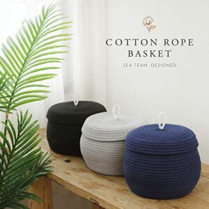 Sea Team Round Cotton Rope Storage Basket with Lid, Decorative Woven Storage Bin, Pot, Caddy, Organizer, Container for Snacks, Towels, Plants, 10 x 7.5 Inches (Small, Dark Blue)