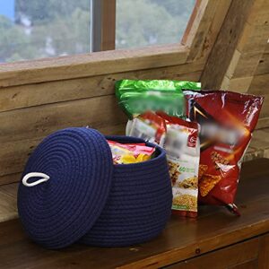 Sea Team Round Cotton Rope Storage Basket with Lid, Decorative Woven Storage Bin, Pot, Caddy, Organizer, Container for Snacks, Towels, Plants, 10 x 7.5 Inches (Small, Dark Blue)