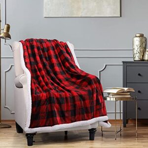 Sherpa Fleece Fuzzy Throw Blanket, Buffalo Plaid Cozy Fluffy Throws Blankets for Couch Soft Twin Christmas Red Bedding Sofa Flannel Plush 50"x60"