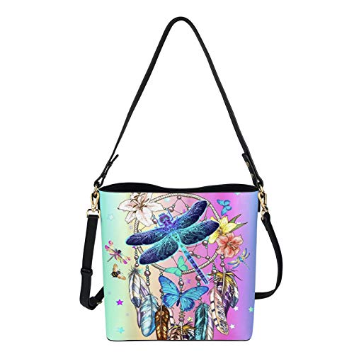 FKELYI Womens Bucket Handbags Designer Hawaiian Dragonfly Dreamcatcher Print Large Capacity Shoulder Crossbody Bag Hobo Purse