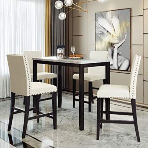 harper & bright designs 5-piece kitchen table set faux marble top counter height dining table set with 4 beige fabric upholstered chairs