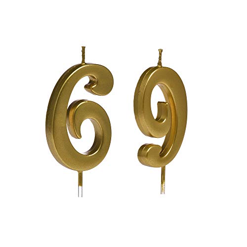 MMJJ Gold 69th Birthday Candles, Number 69 Cake Topper for Birthday Decorations