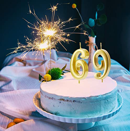 MMJJ Gold 69th Birthday Candles, Number 69 Cake Topper for Birthday Decorations