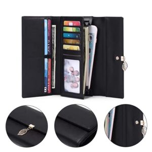 Wallet for Women RFID Blocking Credit Card Holder Phone Checkbook Storage Bag Zipper Coin Purse Leaf Pendant (Black, Large),Sd-168