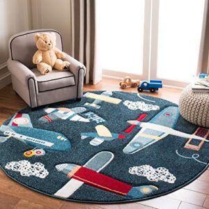 safavieh carousel kids collection 4′ round navy/ivory crk167n airplane nursery playroom area rug