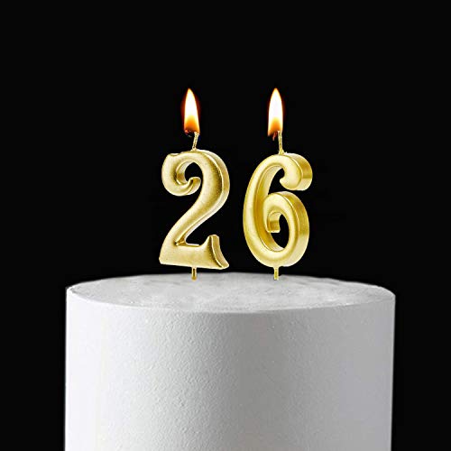 Bailym Gold 26th Birthday Candles, Number 26 Cake Topper for Birthday Decorations