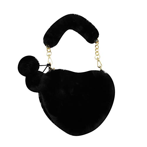 Women Girls Faux Fur Heart Shaped Handbag Plush Shoulder Bag Clutch Purse with Metal Chain Strap