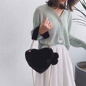 Women Girls Faux Fur Heart Shaped Handbag Plush Shoulder Bag Clutch Purse with Metal Chain Strap