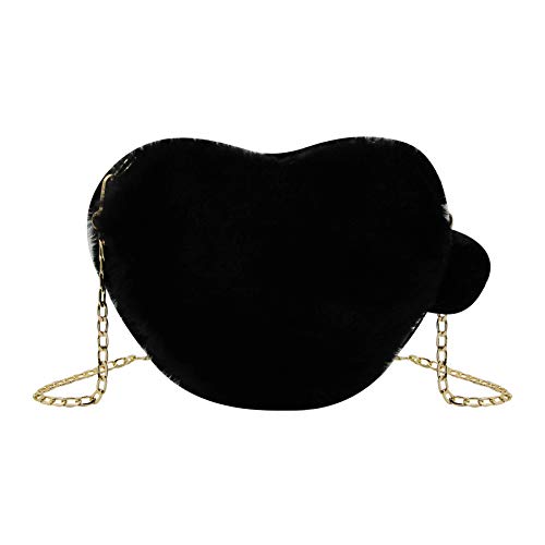 Women Girls Faux Fur Heart Shaped Handbag Plush Shoulder Bag Clutch Purse with Metal Chain Strap