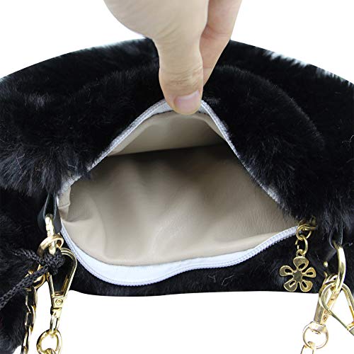 Women Girls Faux Fur Heart Shaped Handbag Plush Shoulder Bag Clutch Purse with Metal Chain Strap