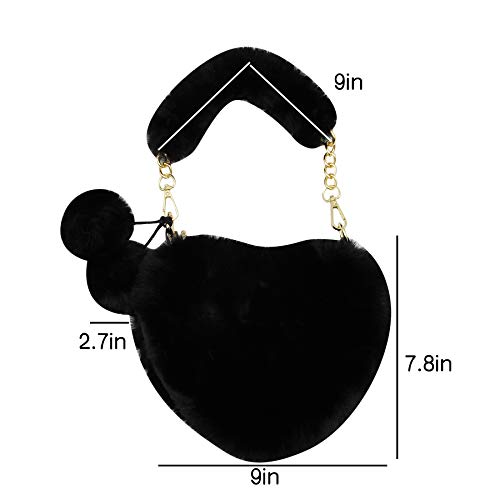 Women Girls Faux Fur Heart Shaped Handbag Plush Shoulder Bag Clutch Purse with Metal Chain Strap