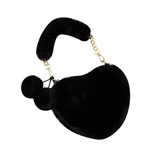 Women Girls Faux Fur Heart Shaped Handbag Plush Shoulder Bag Clutch Purse with Metal Chain Strap