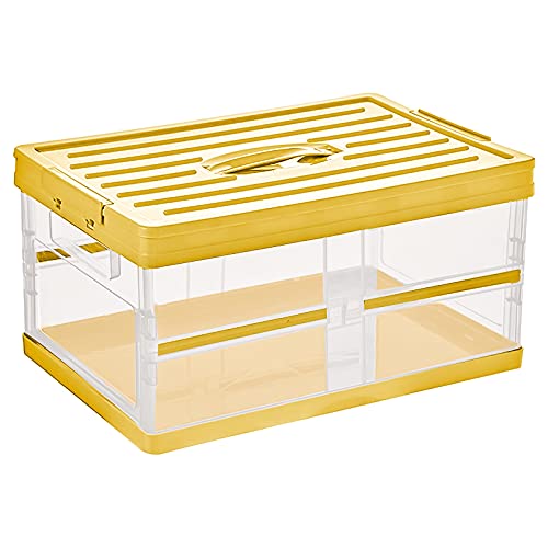 WWahuayuan Foldable Storage Bin With Lid, Collapsible Plastic Storage Box, Stackable Clear Storage Case with Handle for Home/Office/Car/Kitchen (Yellow)