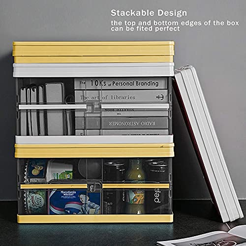 WWahuayuan Foldable Storage Bin With Lid, Collapsible Plastic Storage Box, Stackable Clear Storage Case with Handle for Home/Office/Car/Kitchen (Yellow)