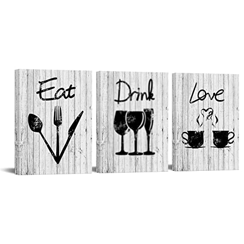 OuElegent Kitchen Canvas Wall Art Eat Love Sign Painting Pictures Rustic Wood Texture Prints Black Gray Modern Artwork for Home Restaurant Cafe Bar Wall Decor Framed Ready to Hang 12"x16"x3Pcs