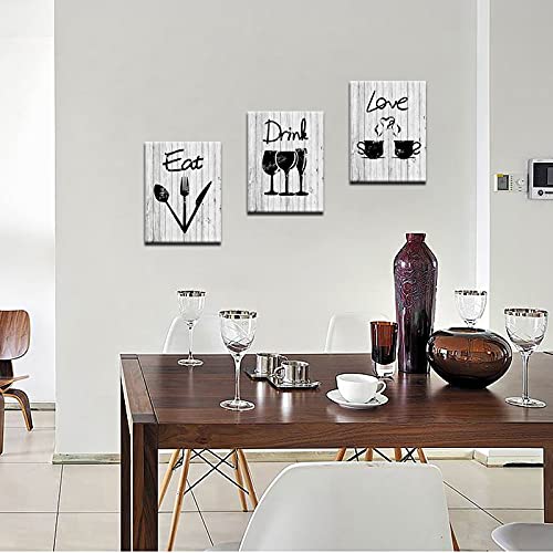 OuElegent Kitchen Canvas Wall Art Eat Love Sign Painting Pictures Rustic Wood Texture Prints Black Gray Modern Artwork for Home Restaurant Cafe Bar Wall Decor Framed Ready to Hang 12"x16"x3Pcs