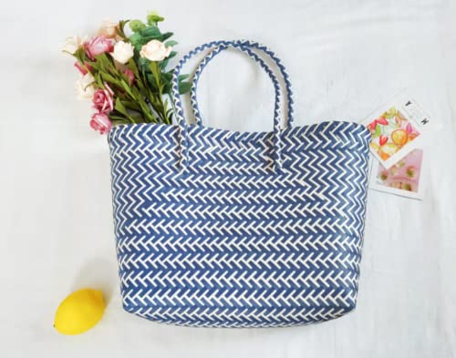 Goodly Beach Bag/Handmade Woven Market Tote Bag/Woven Versatile Large Top Handle Bag(Blue)