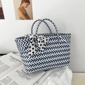 Goodly Beach Bag/Handmade Woven Market Tote Bag/Woven Versatile Large Top Handle Bag(Blue)