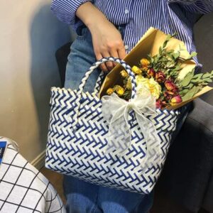 Goodly Beach Bag/Handmade Woven Market Tote Bag/Woven Versatile Large Top Handle Bag(Blue)